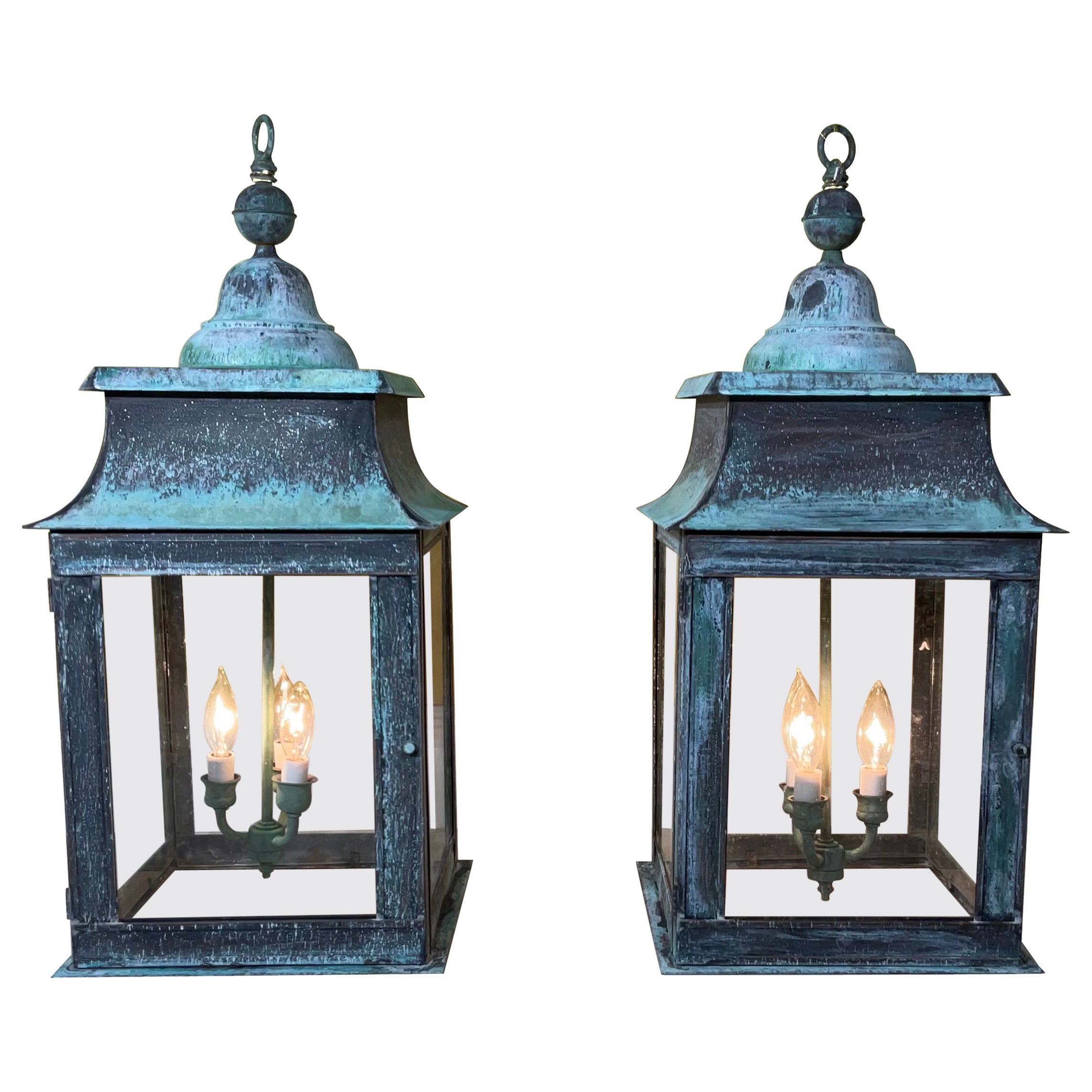 Pair Of Square Handcrafted Copper Hanging Lanterns at 1stDibs