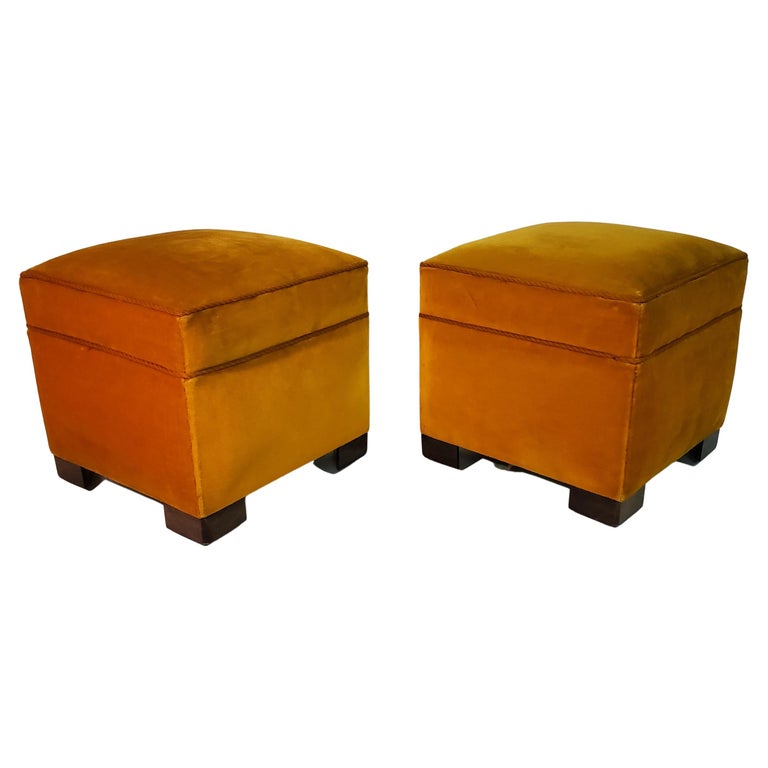 Pair of Square Mid Century Upholstered Ottomans/ Footstools W/ Wooden ...