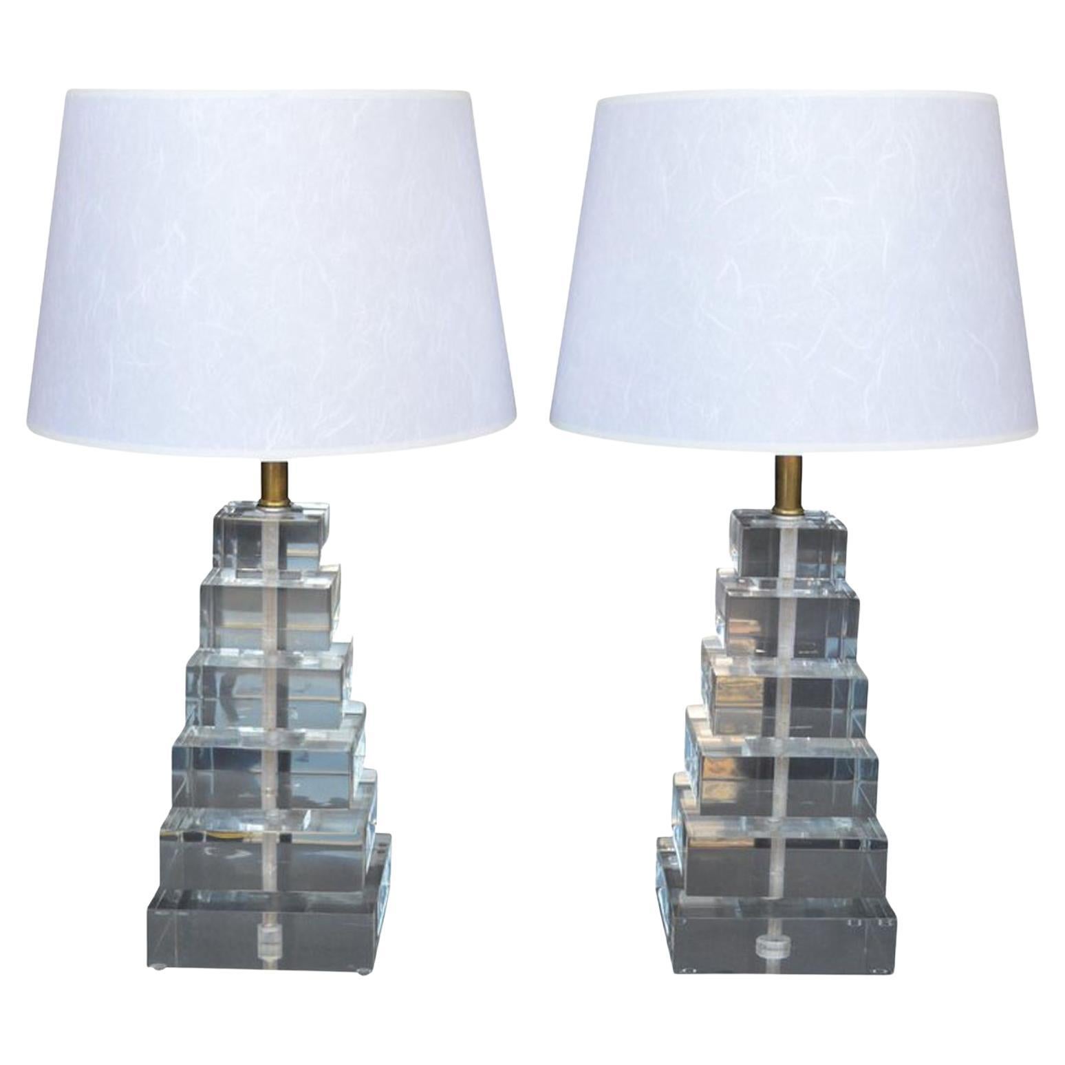 Pair of Table Lamps Composed of Stacked Lucite Square Elements at 1stDibs