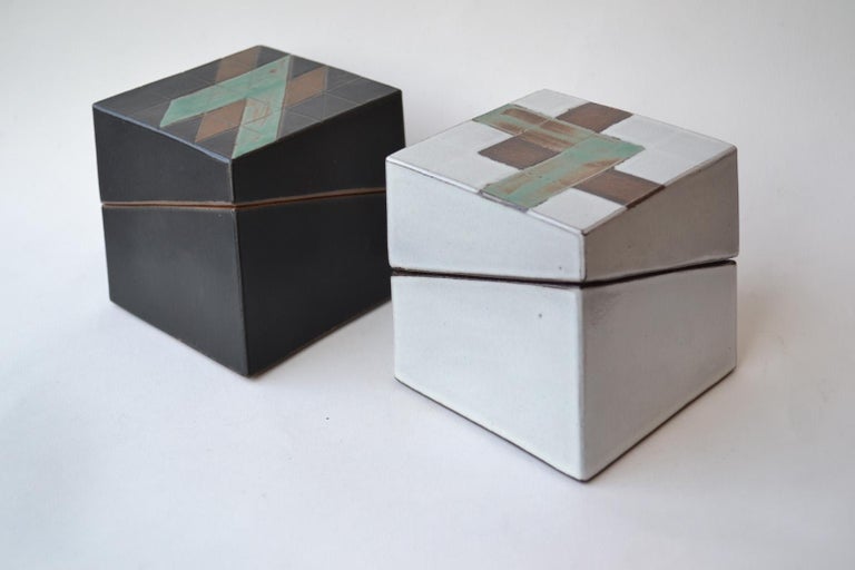 Pair of Square Studio Pottery Boxes in Black and White and Geometric ...
