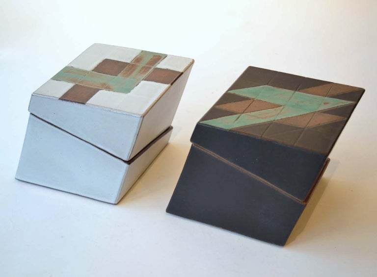 Pair of Square Studio Pottery Boxes in Black and White and Geometric ...