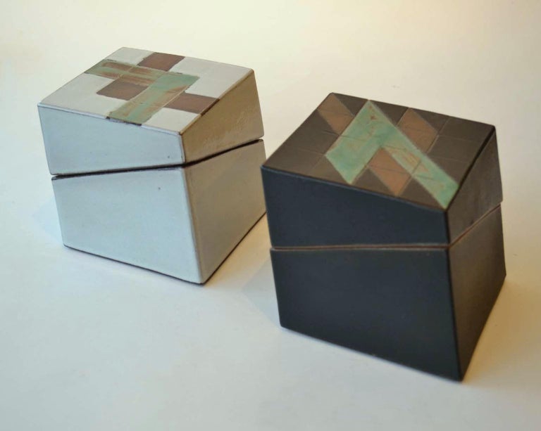 Pair of Square Studio Pottery Boxes in Black and White and Geometric ...