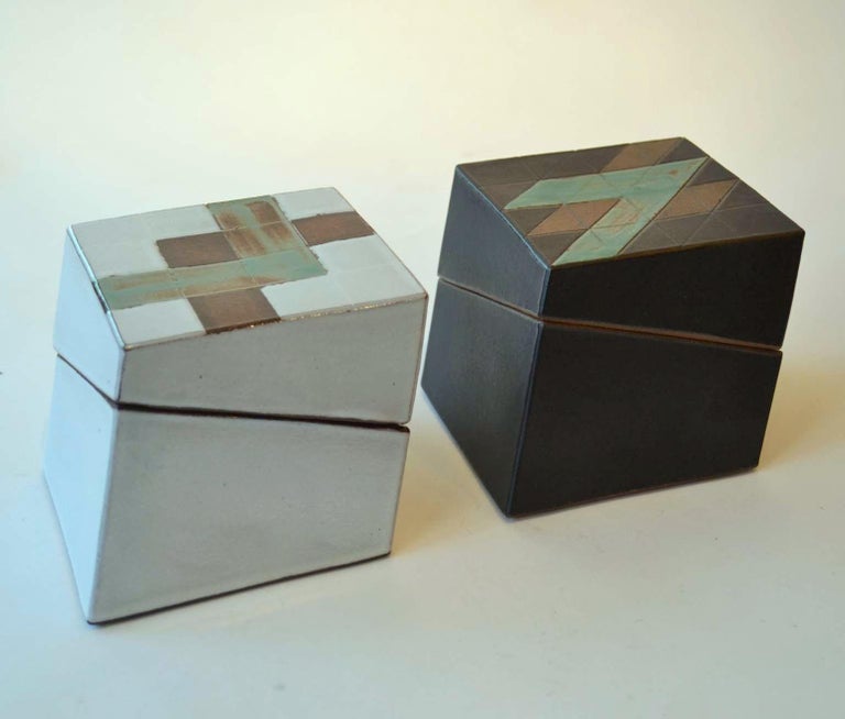 Pair of Square Studio Pottery Boxes in Black and White and Geometric ...