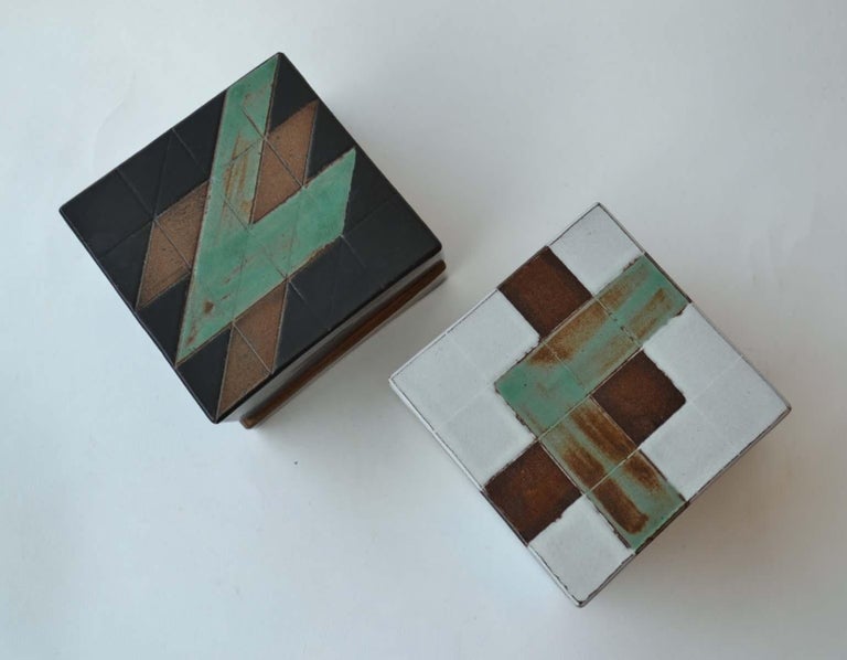 Pair of Square Studio Pottery Boxes in Black and White and Geometric ...