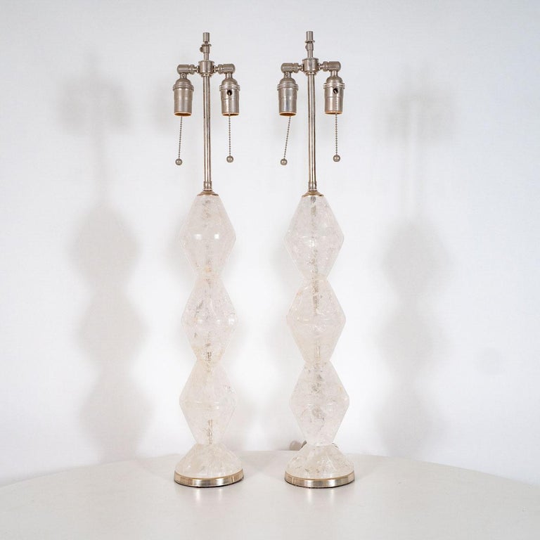 Pair of Stacked Diamond Rock Crystal Table Lamps For Sale at 1stDibs
