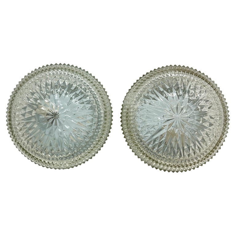 Pair of Star Pattern Clear Glass Flush Mount Ceiling Lights, 1970s For ...