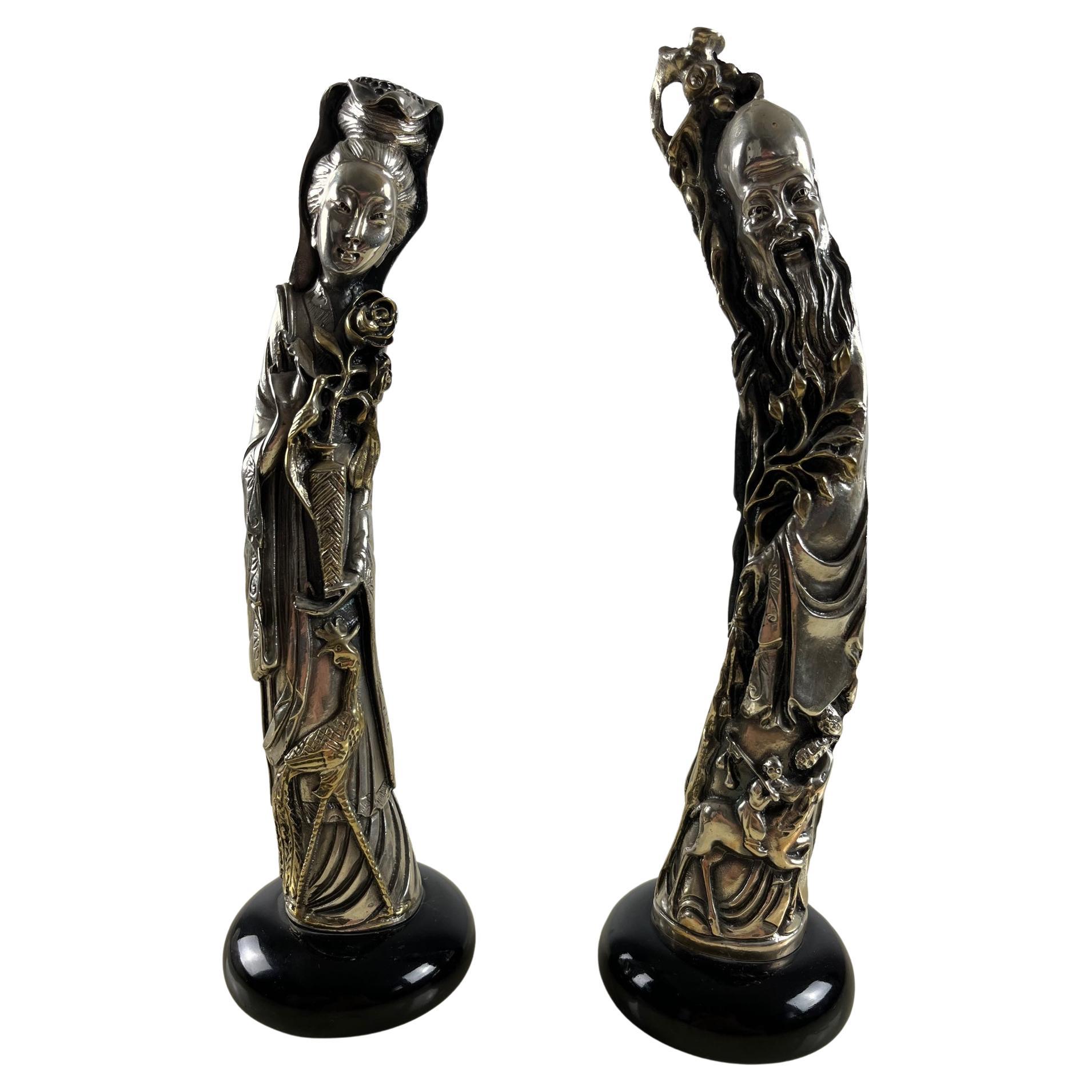 Pair of Statuettes of Japanese King and Queen Covered in 800 Silver ...