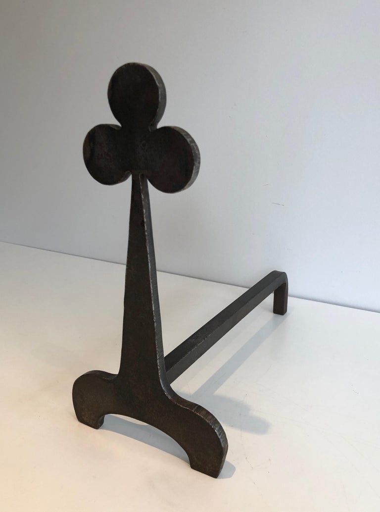Pair of Steel and Wrought Iron Clovers Andirons, French, Circa 1950 at ...