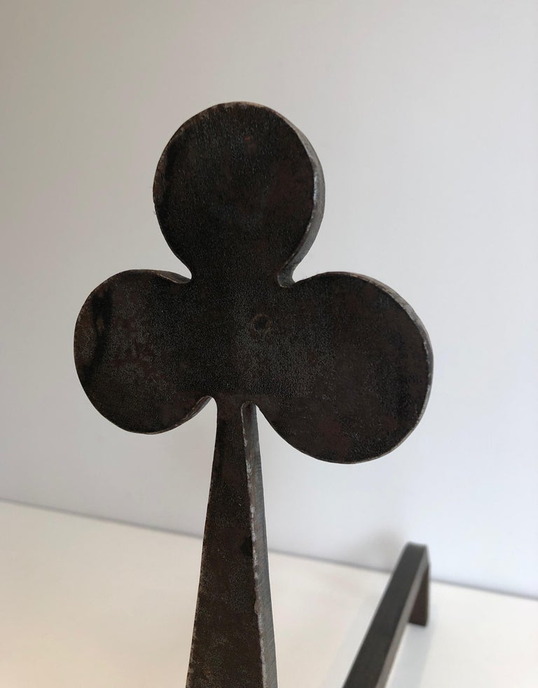 Pair of Steel and Wrought Iron Clovers Andirons, French, Circa 1950 at ...