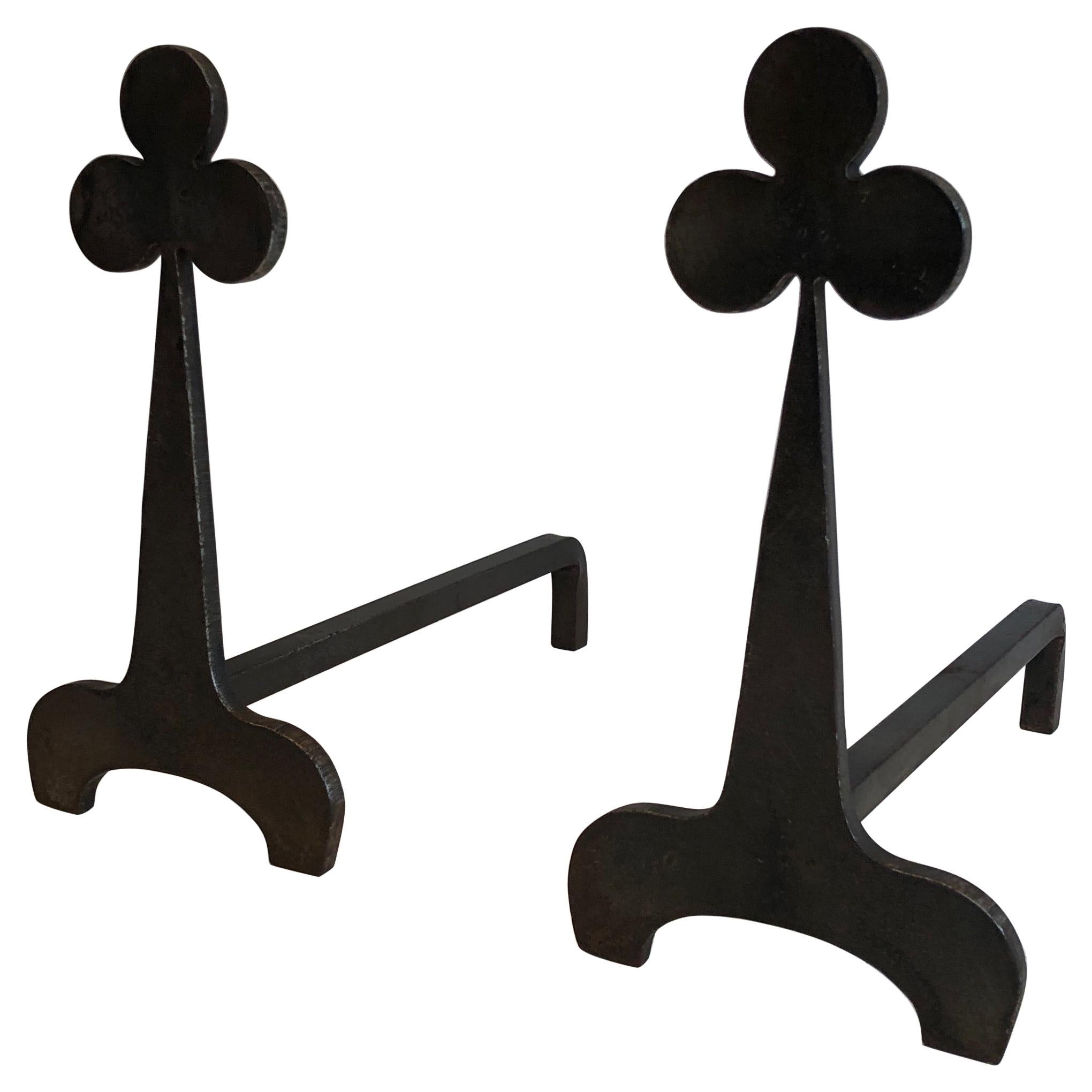 Pair of Steel and Wrought Iron Clovers Andirons, French, Circa 1950 at ...