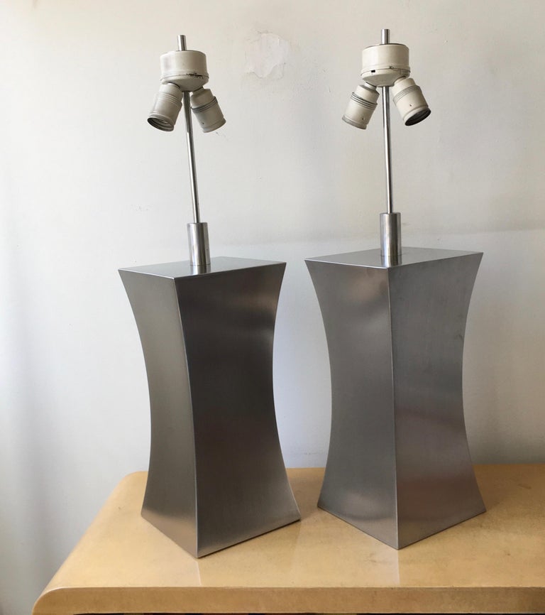 Pair of Steel Table Lamps with Orange Lampshades by Françoise Sée ...