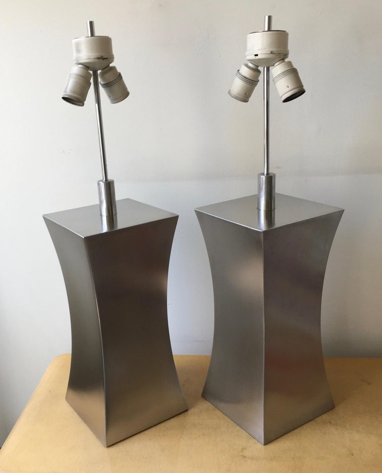 Pair of Steel Table Lamps with Orange Lampshades by Françoise Sée ...