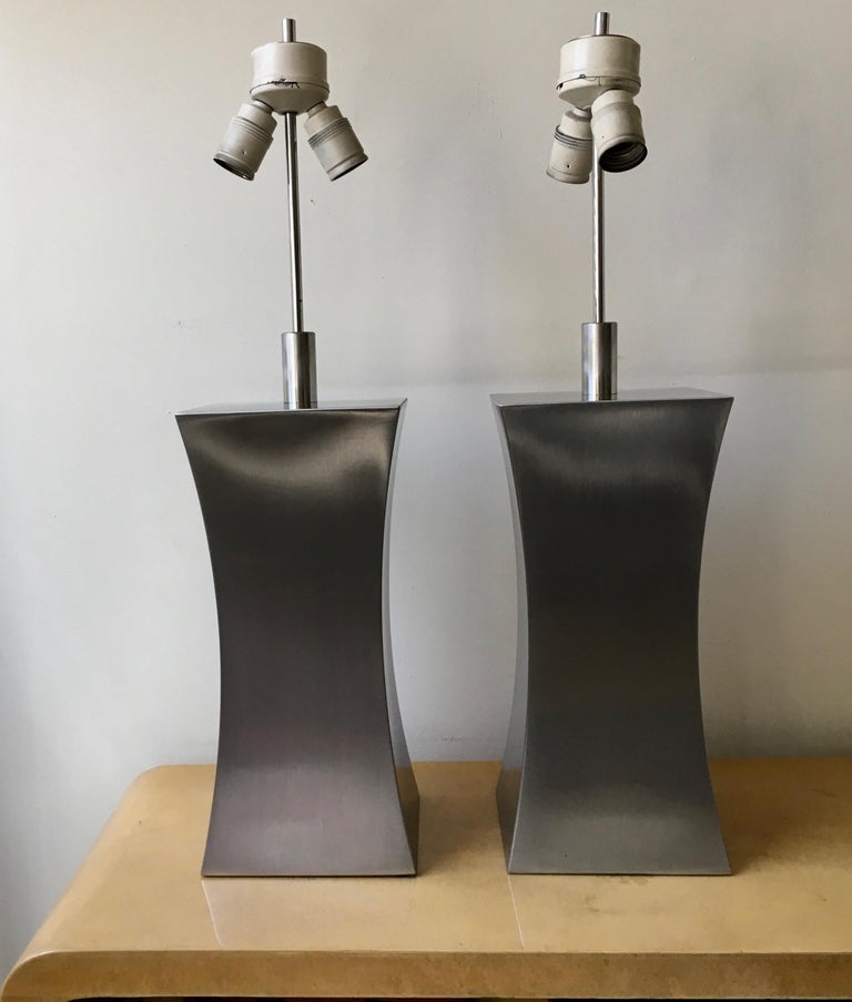 Pair of Steel Table Lamps with Orange Lampshades by Françoise Sée ...