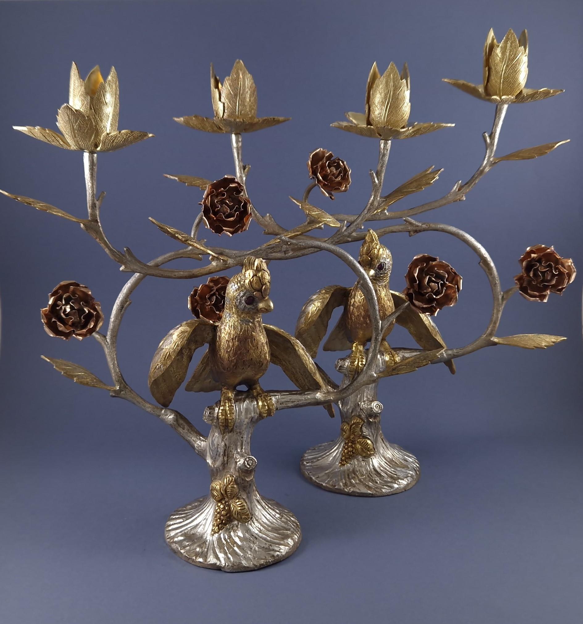 Pair of Sterling Silver and gilt Candlesticks with birds and flowers ...