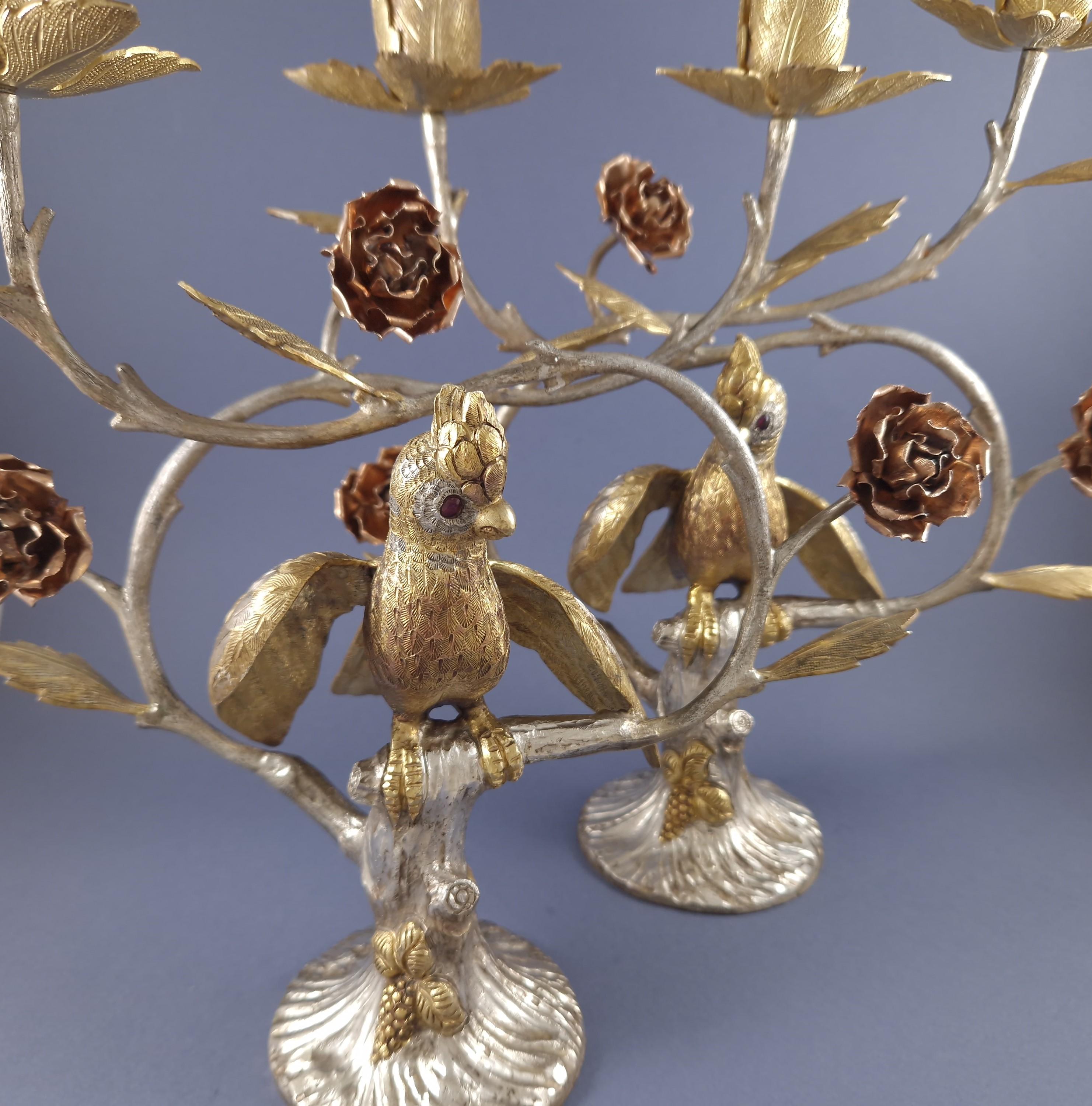 Pair of Sterling Silver and gilt Candlesticks with birds and flowers ...
