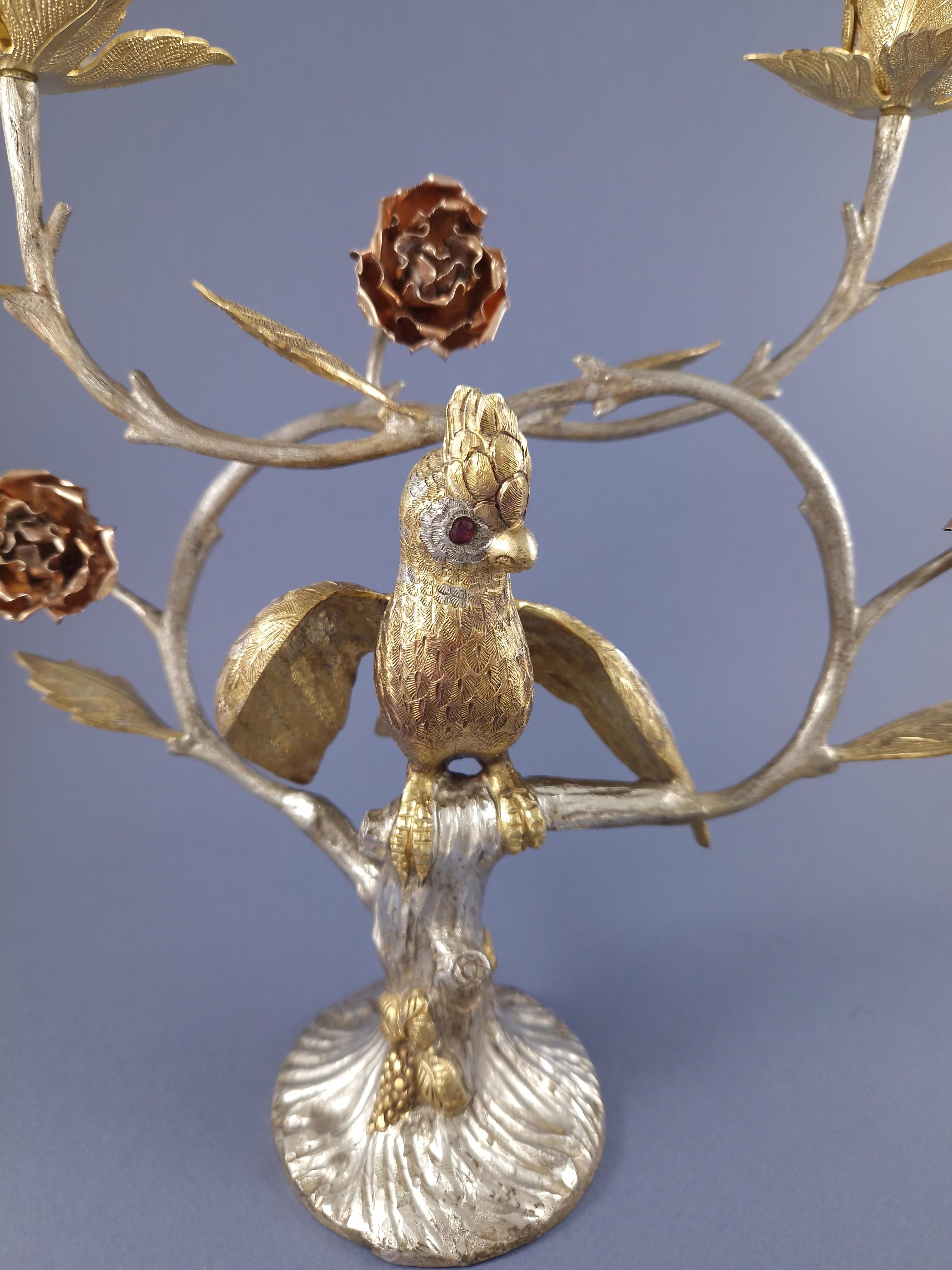 Pair of Sterling Silver and gilt Candlesticks with birds and flowers ...