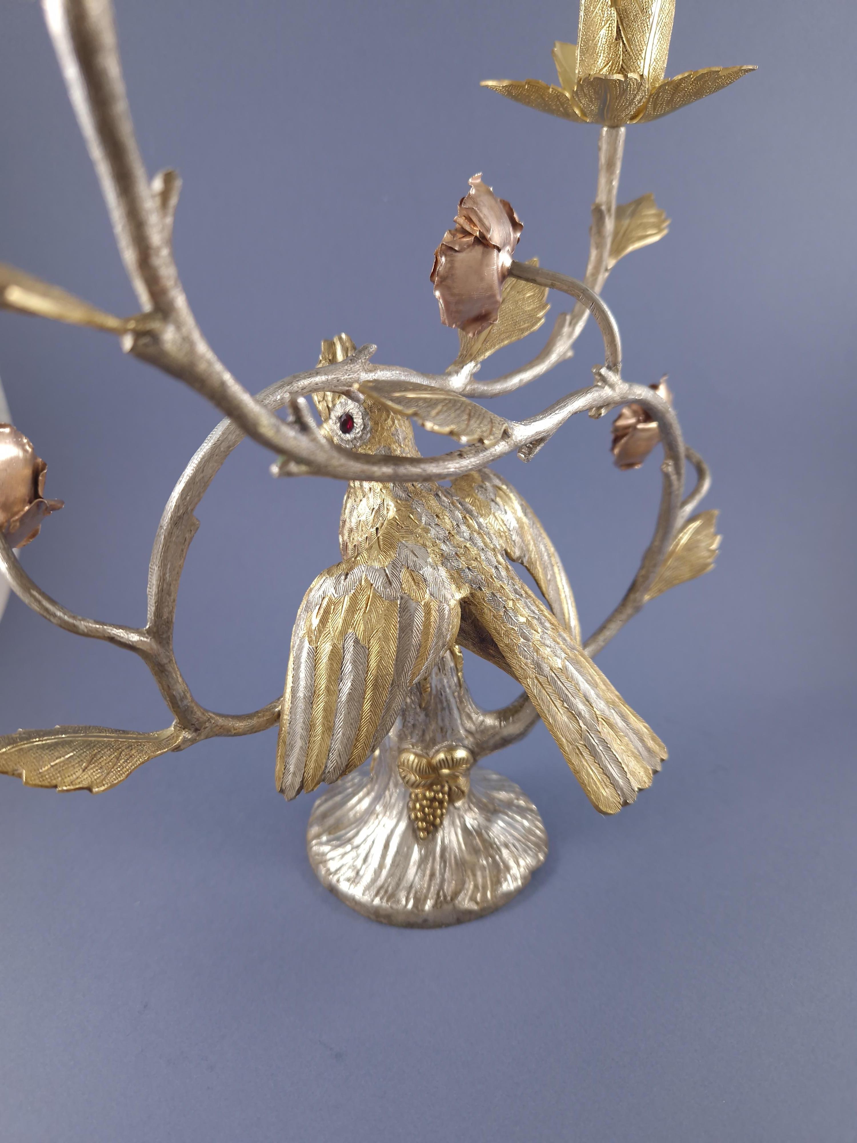 Pair of Sterling Silver and gilt Candlesticks with birds and flowers ...