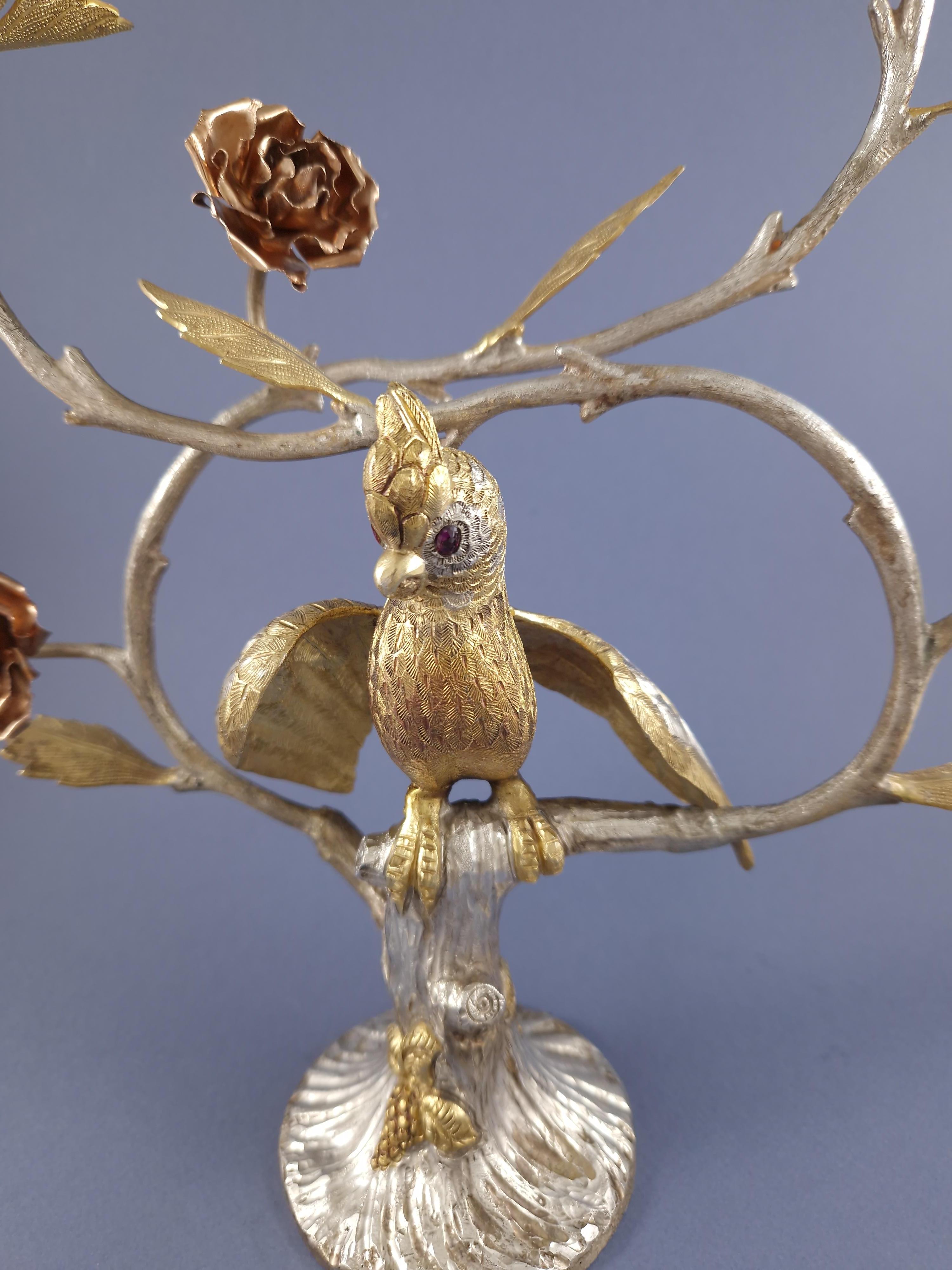 Pair of Sterling Silver and gilt Candlesticks with birds and flowers ...
