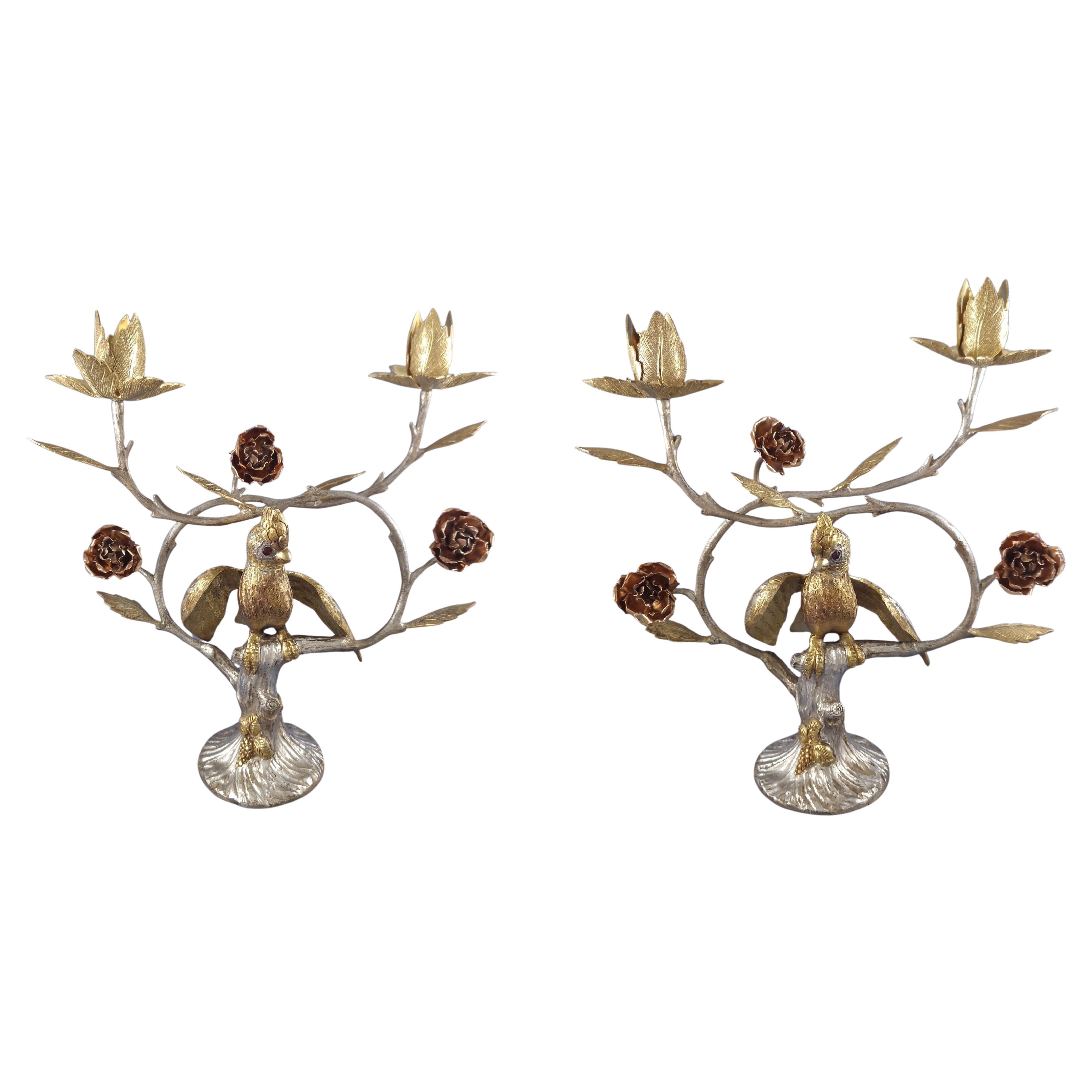 Pair of Sterling Silver and gilt Candlesticks with birds and flowers ...