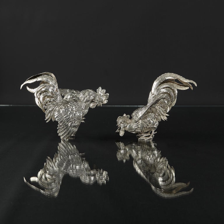 Pair of Sterling Silver Model Fighting Cockerels For Sale at 1stDibs