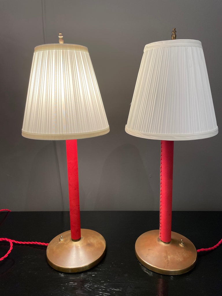 Pair of Stitched Red Hermès Style Leather and Brass Table Lamps ...