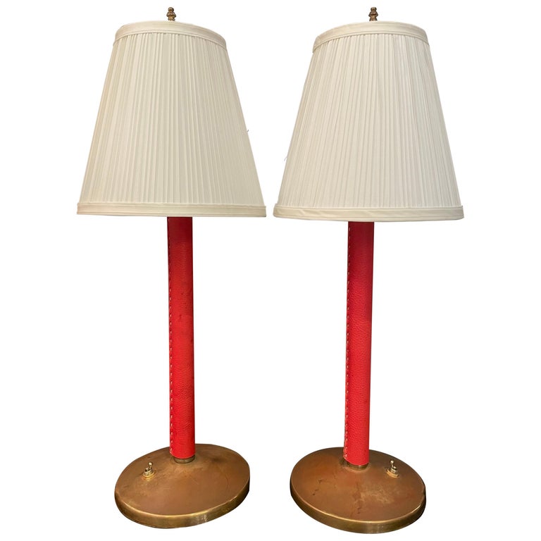 Pair of Stitched Red Hermès Style Leather and Brass Table Lamps ...