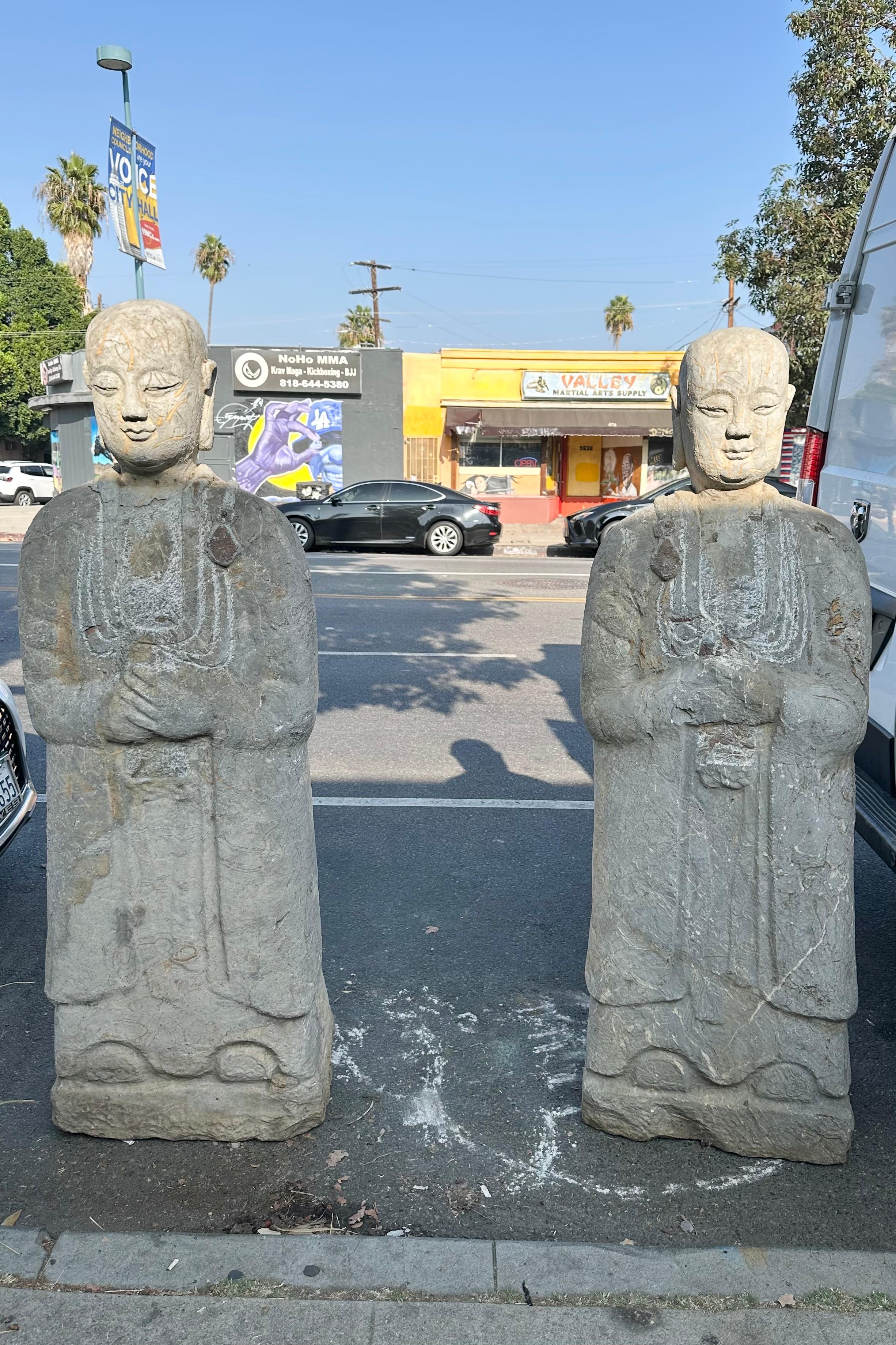Pair of Stone Carved Real Life Size Zen Garden Monk Lohon Statues For ...