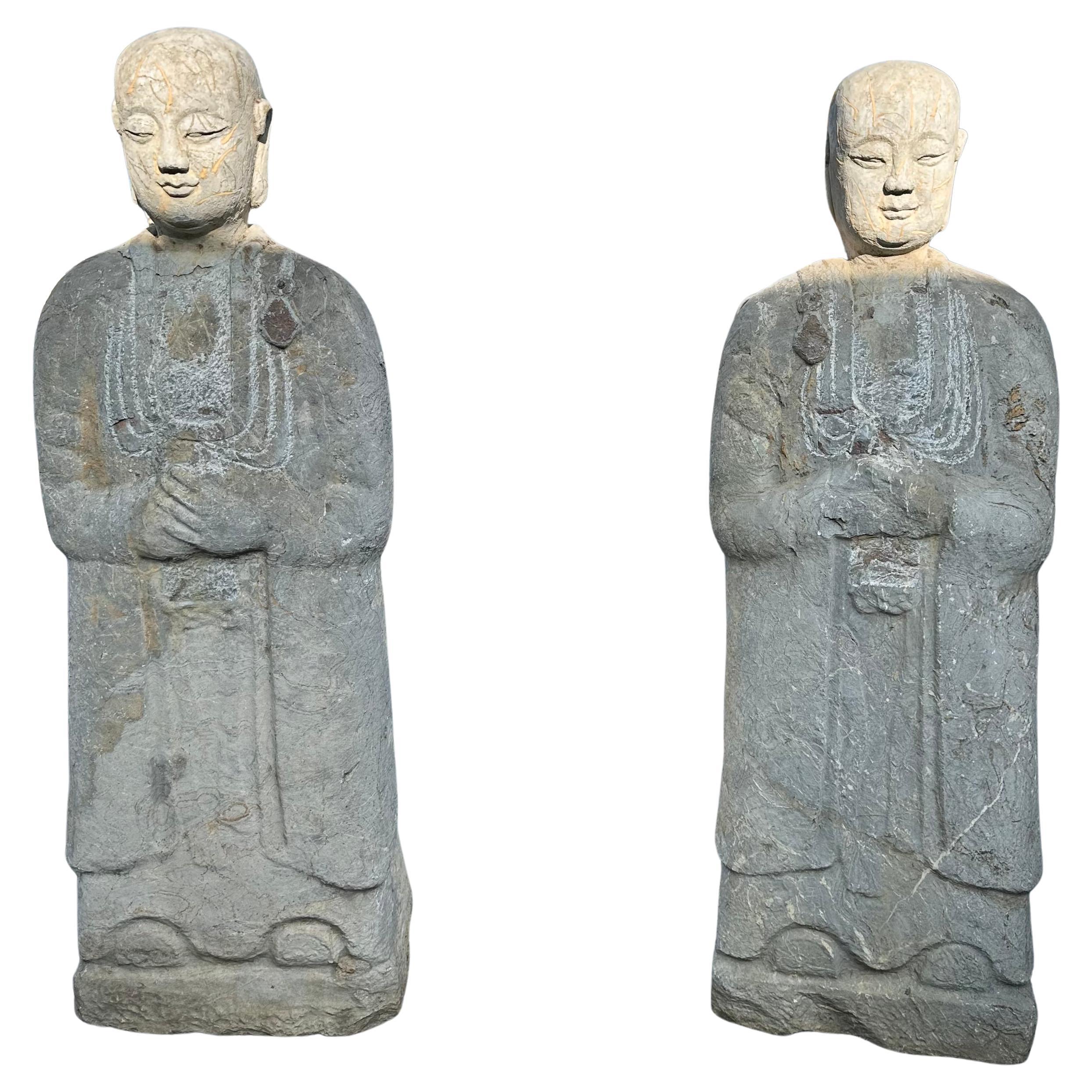 Pair of Stone Carved Real Life Size Zen Garden Monk Lohon Statues For ...