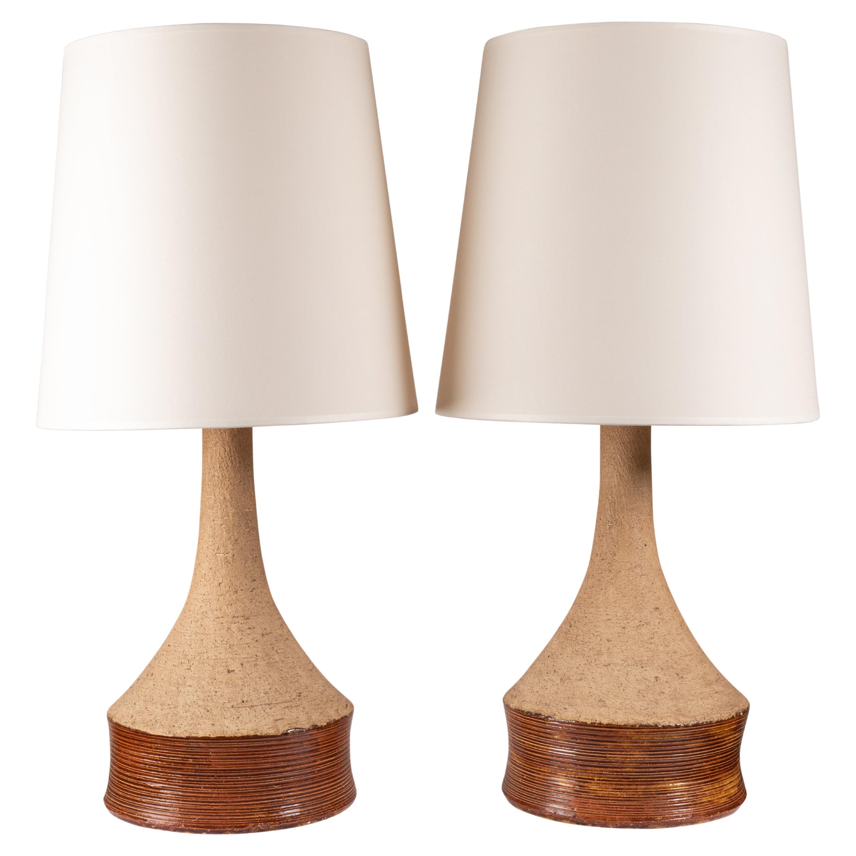 Pair of Vintage Black and Tan Stoneware Lamps at 1stDibs