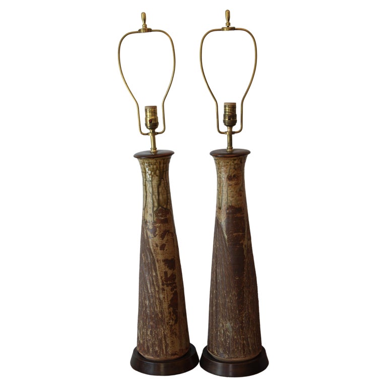 Pair of Stoneware Lamps with Olive Green Drip Glaze For Sale at 1stDibs