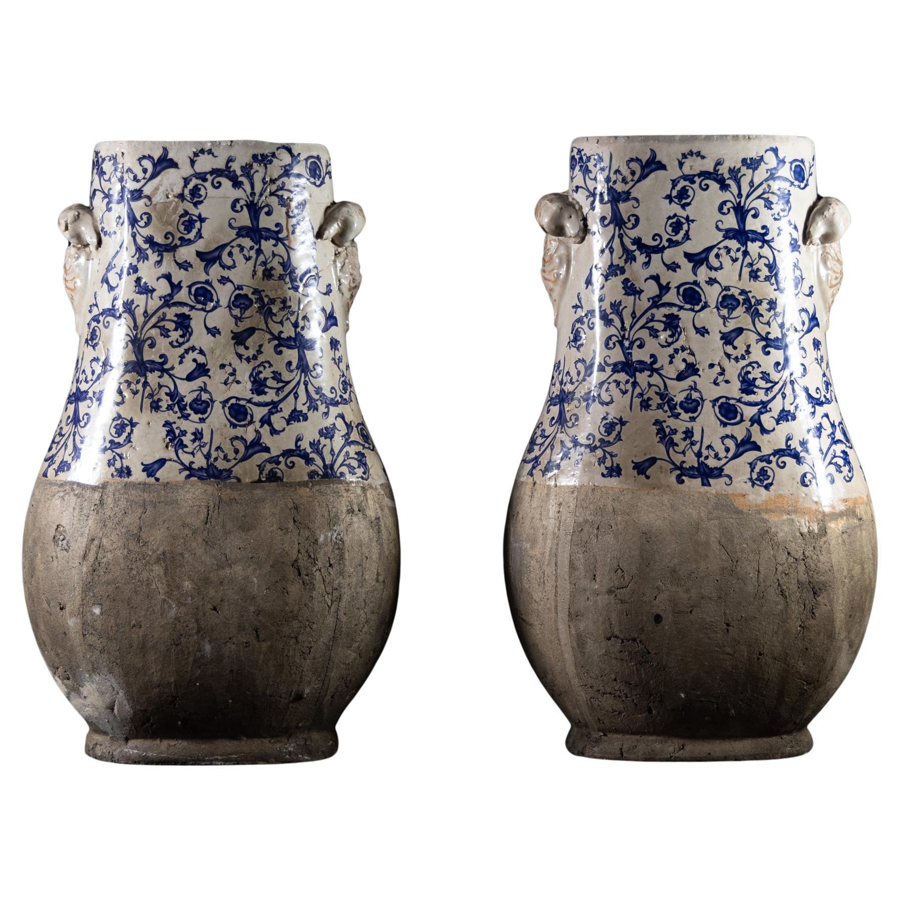 Pair of Stoneware Vases with floral Decoration For Sale at 1stDibs