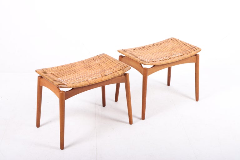 Pair of Stools in Patinated Oak and Cane, Made in Denmark 1950s at 1stDibs