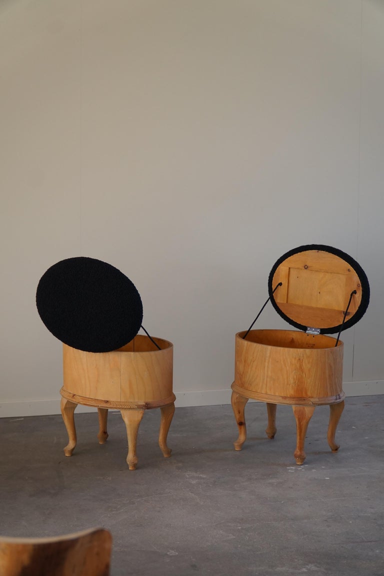 Pair of Stools with Storage in Pine and Reupholstered in Bouclé, Danish ...