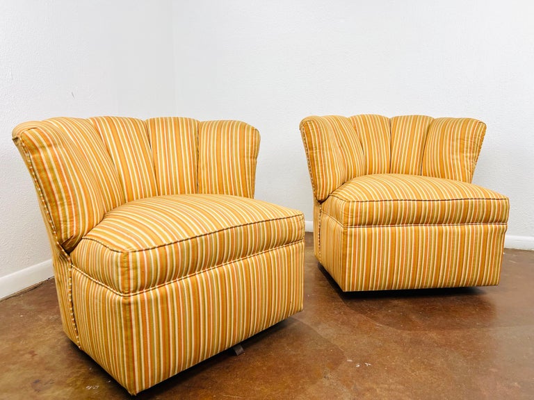 Pair of Striped Channel Back Swivel Chairs For Sale at 1stDibs