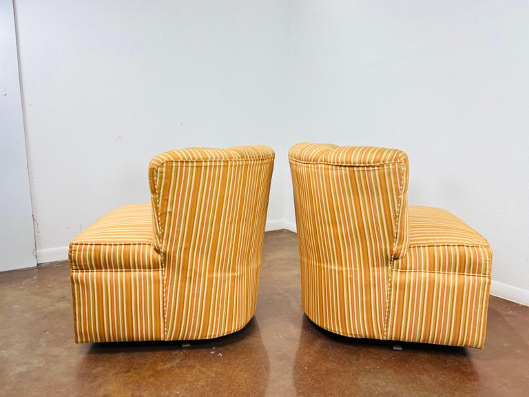 Pair of Striped Channel Back Swivel Chairs For Sale at 1stDibs