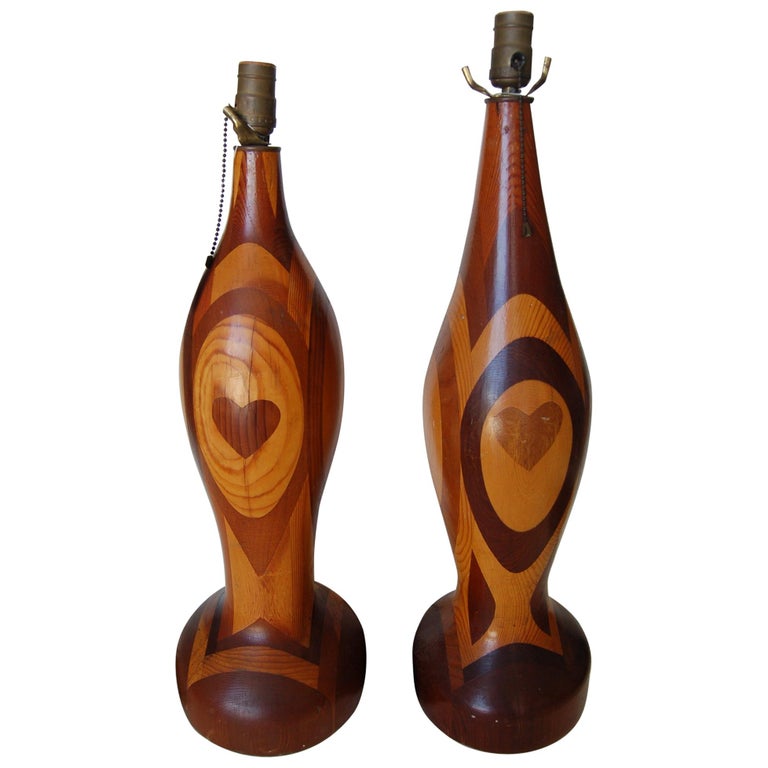 Pair of Studio Craft Inlaid Marquetry Heart Pattern Wood Table Lamps at ...
