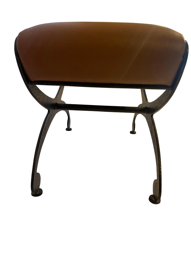 Pair of Stylish Black Iron and Tan Leather Benches For Sale at 1stDibs