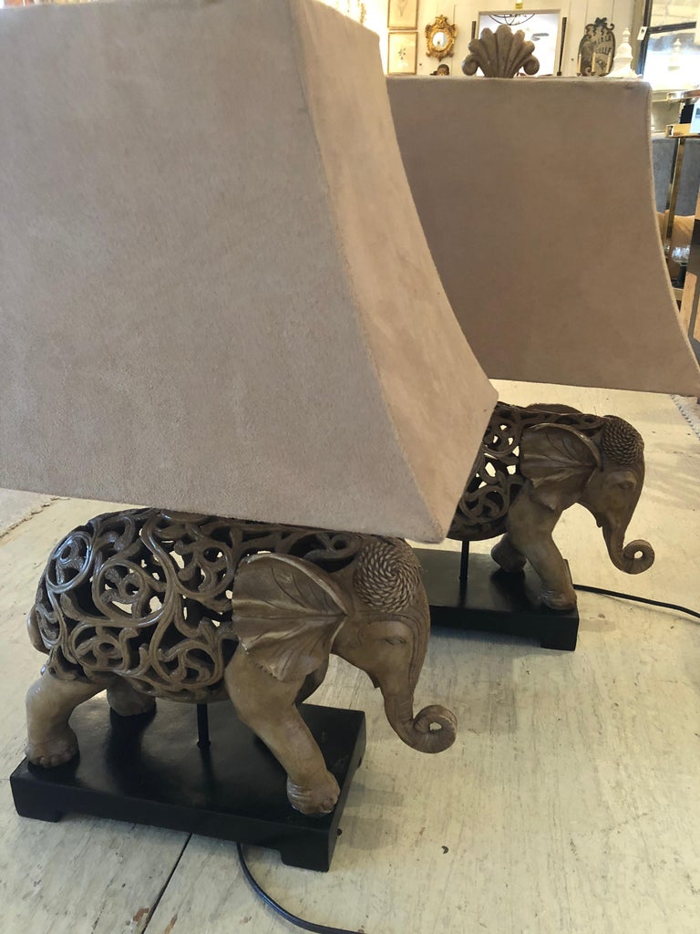 Pair of Stylish Elephant Lamps with Ultra Suede Shades at 1stDibs