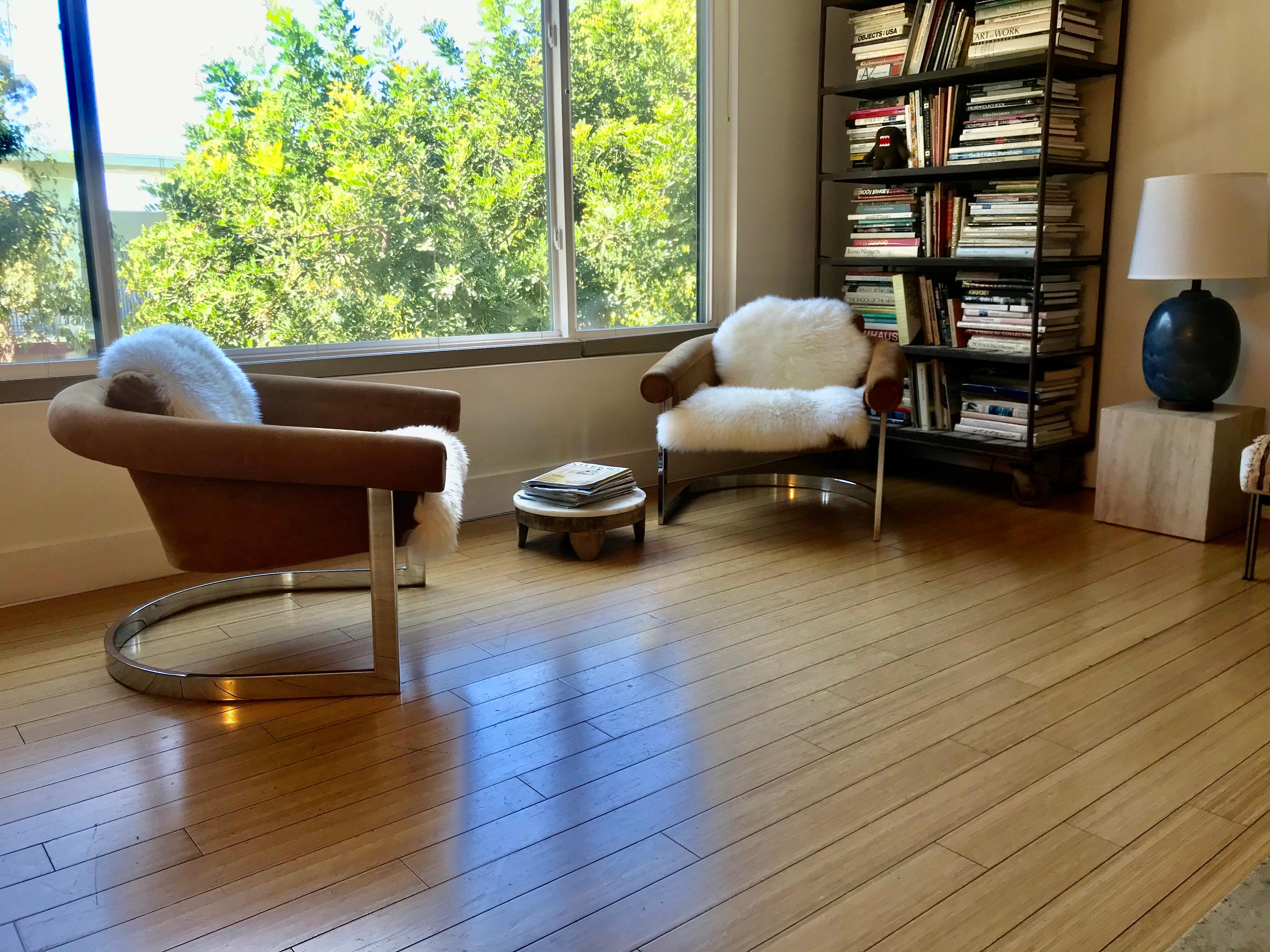 Pair of Suede Sling Lounge Chairs with Sheep Skin Covers at 1stDibs