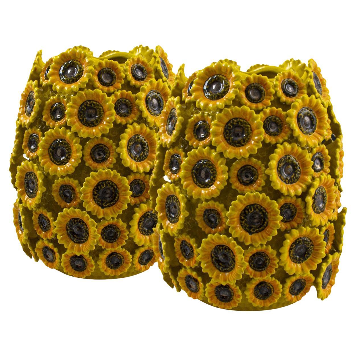 Pair of "Sunflower" Ceramic Vases For Sale at 1stDibs