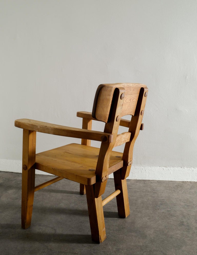 Pair of Swedish Brutalist Armchairs in Stained Pine Produced by ...
