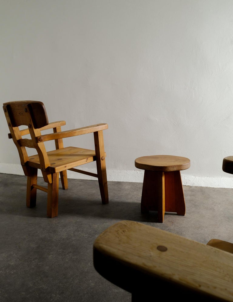 Pair of Swedish Brutalist Armchairs in Stained Pine Produced by ...