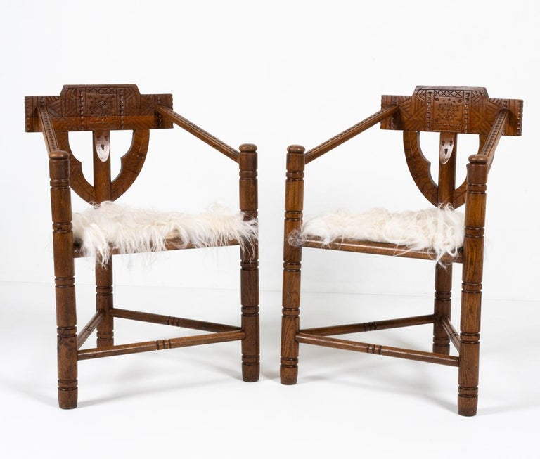 Pair of Swedish Carved Oak Monk Chairs, Nordic Revival For Sale at 1stDibs