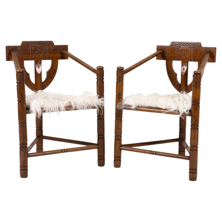 Pair of Swedish Carved Oak Monk Chairs, Nordic Revival For Sale at 1stDibs