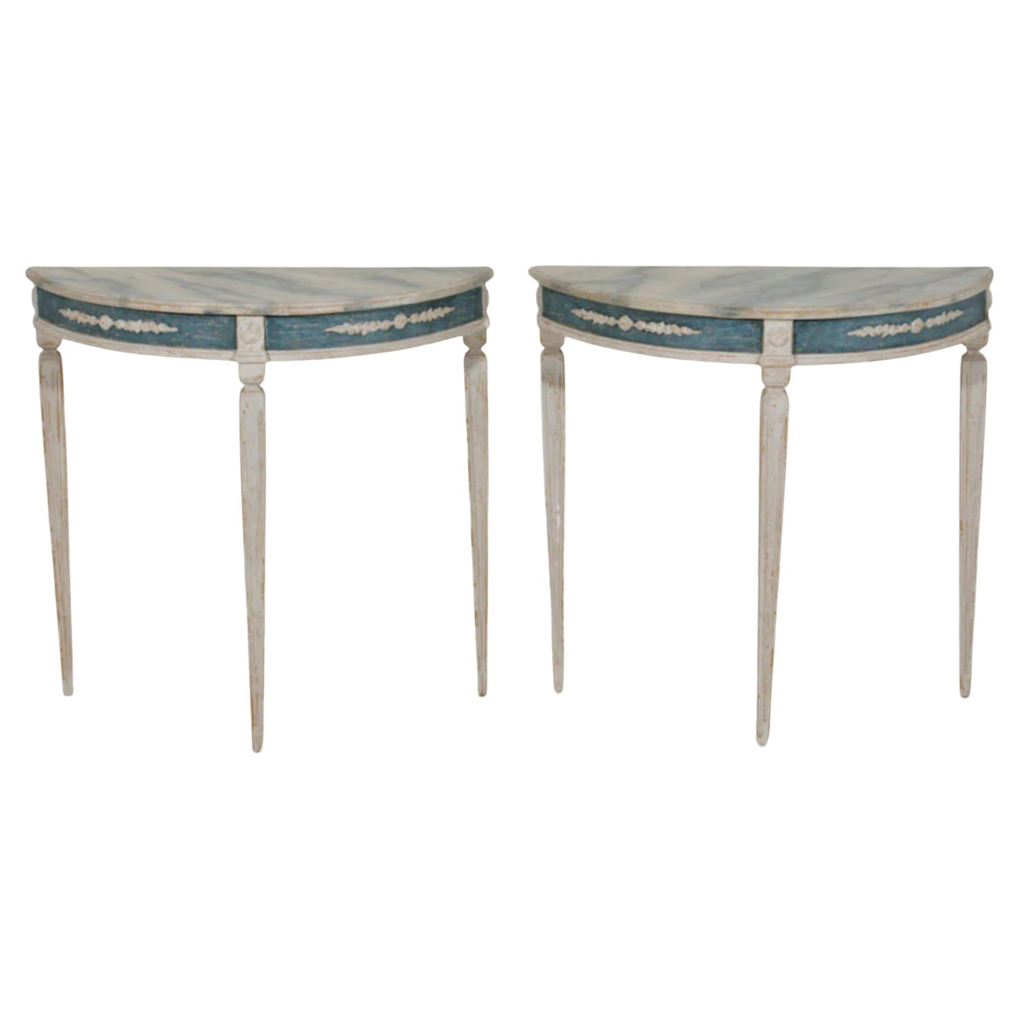 Pair of Walnut Demi-Lune Console Tables, Ebonized Bases For Sale at 1stDibs