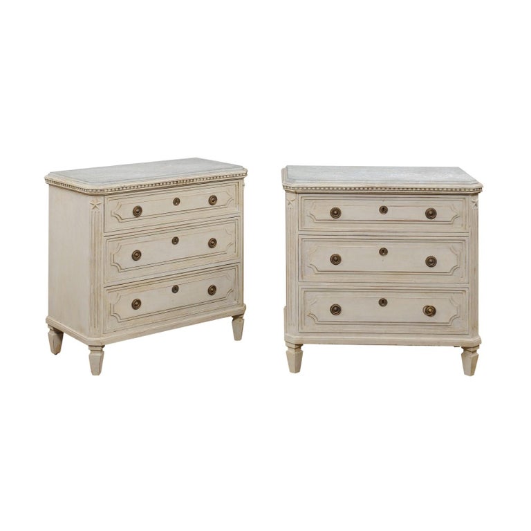 Pair of Swedish Gustavian Style 1890s Painted Chests with Carved Stars ...