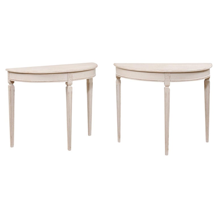 Pair of Swedish Gustavian Style Painted Demilune Tables with Twisted ...