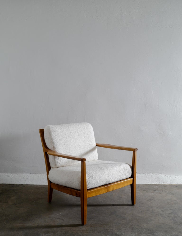Pair of Swedish Lounge Arm Easy Chairs in Walnut and Bouclé Cushions ...
