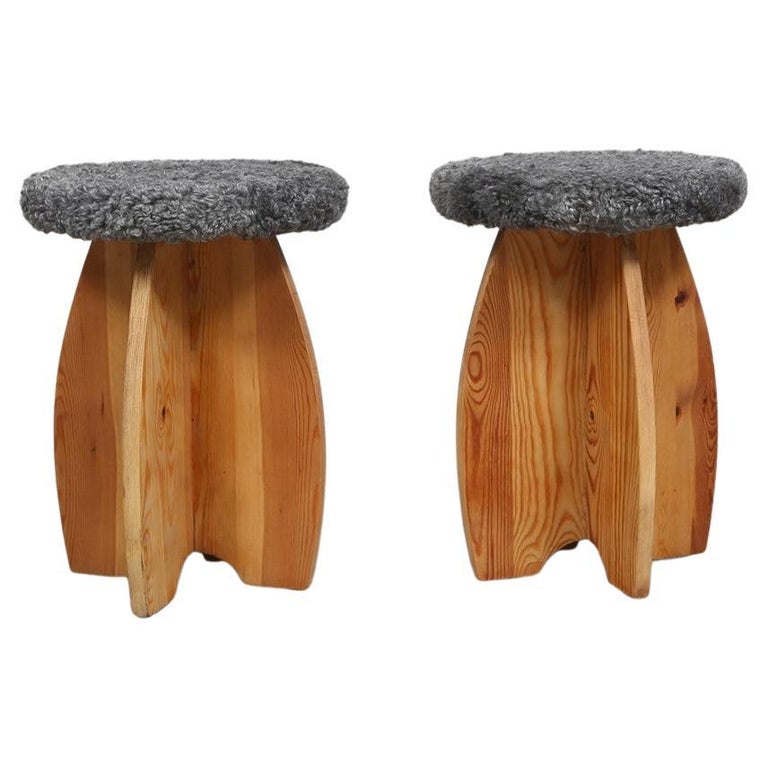 Pair of Swedish Midcentury Pine Stools with Sheepskin, 1970s at 1stDibs