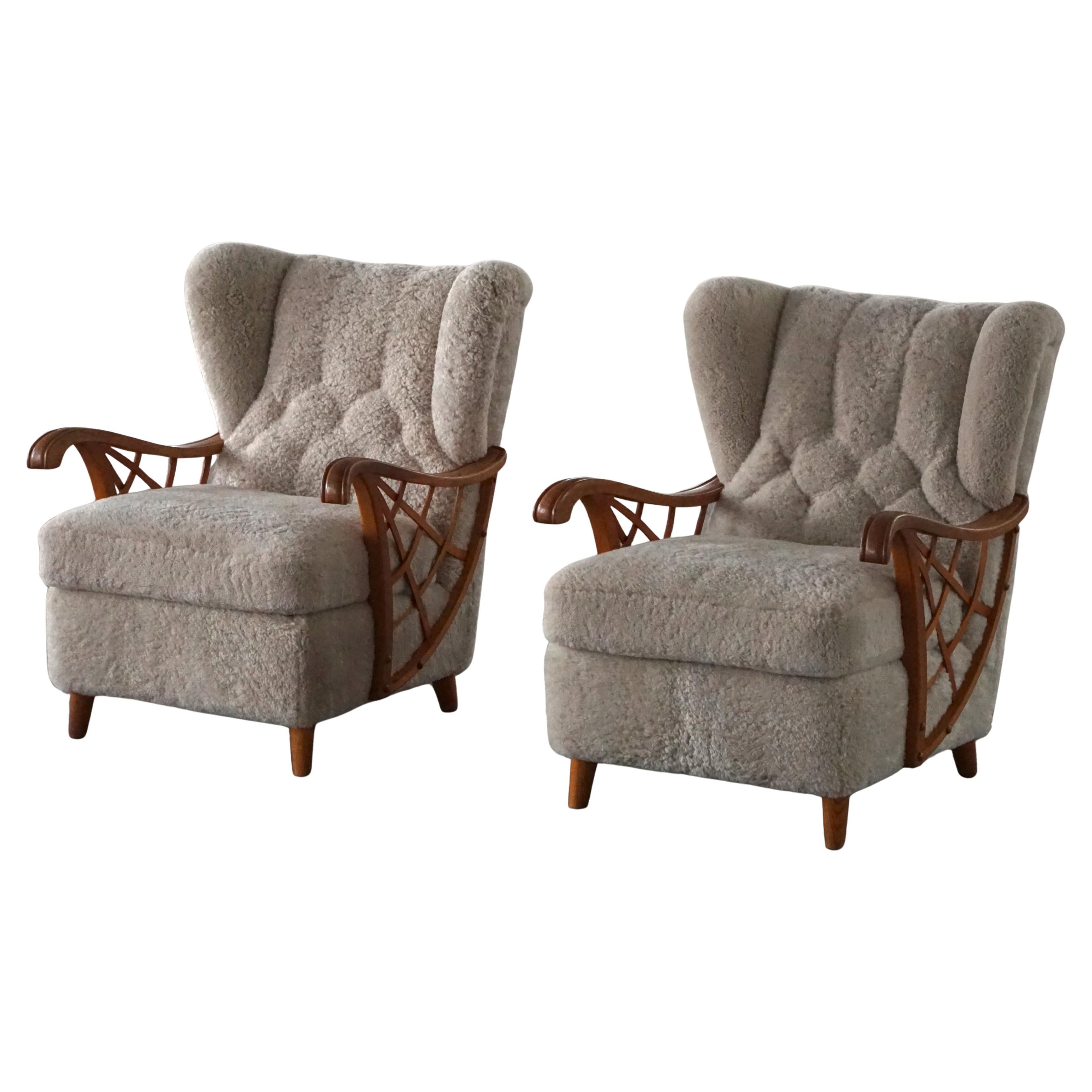 Pair of Danish Modern Art Deco Lounge Chairs in Shearling Lambswool and ...